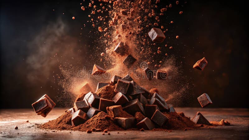 Dark Chocolate Cubes Exploding in Cocoa Powder Dust. Generative AI ...