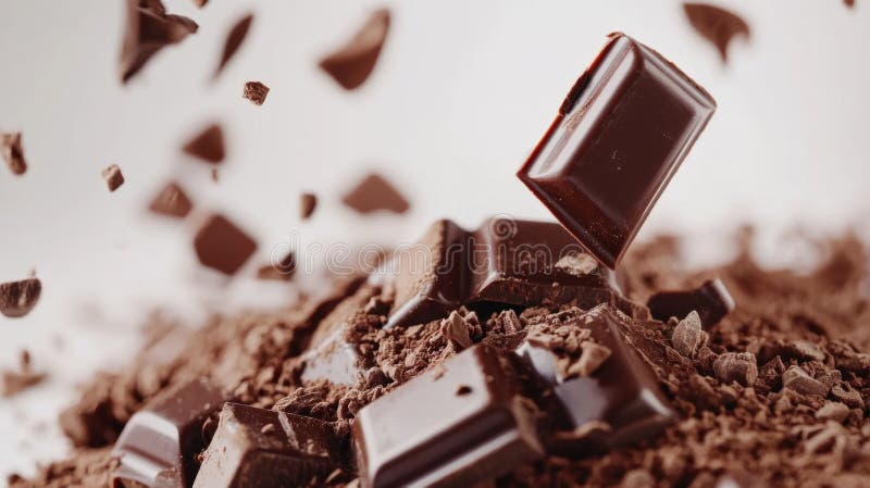 Dark Chocolate Falling Over Crushed Cocoa Powder in Soft Light Stock ...