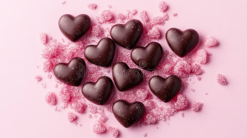 Dark Chocolate Heart Candies Pink Sugar Background Stock Illustration ...