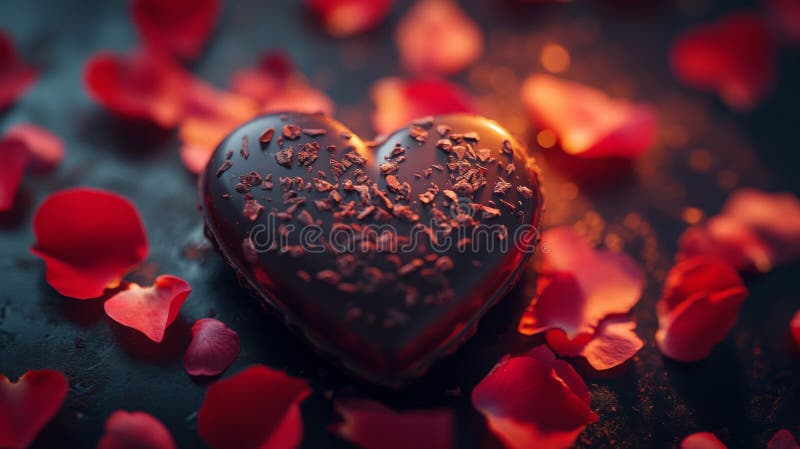 Dark Chocolate Heart with Rose Petals Stock Illustration - Illustration ...