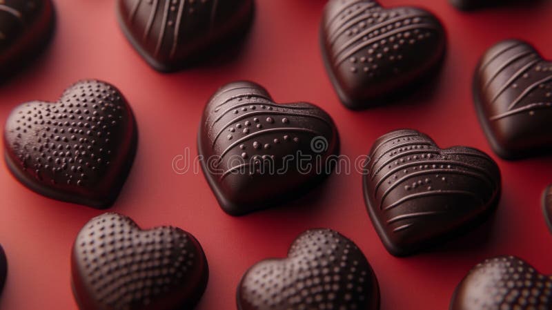 Dark Chocolate Heart Shaped Candies on Red Background Stock ...