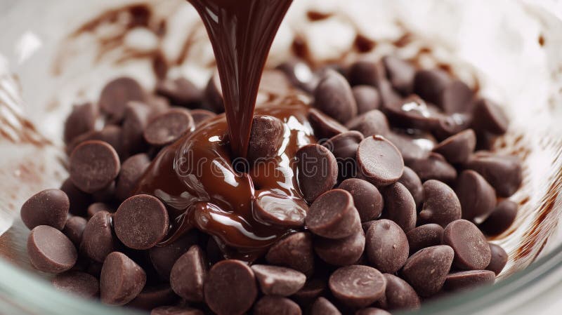 Dark Chocolate is Melted and Poured Over Chocolate Chips in a Glass ...