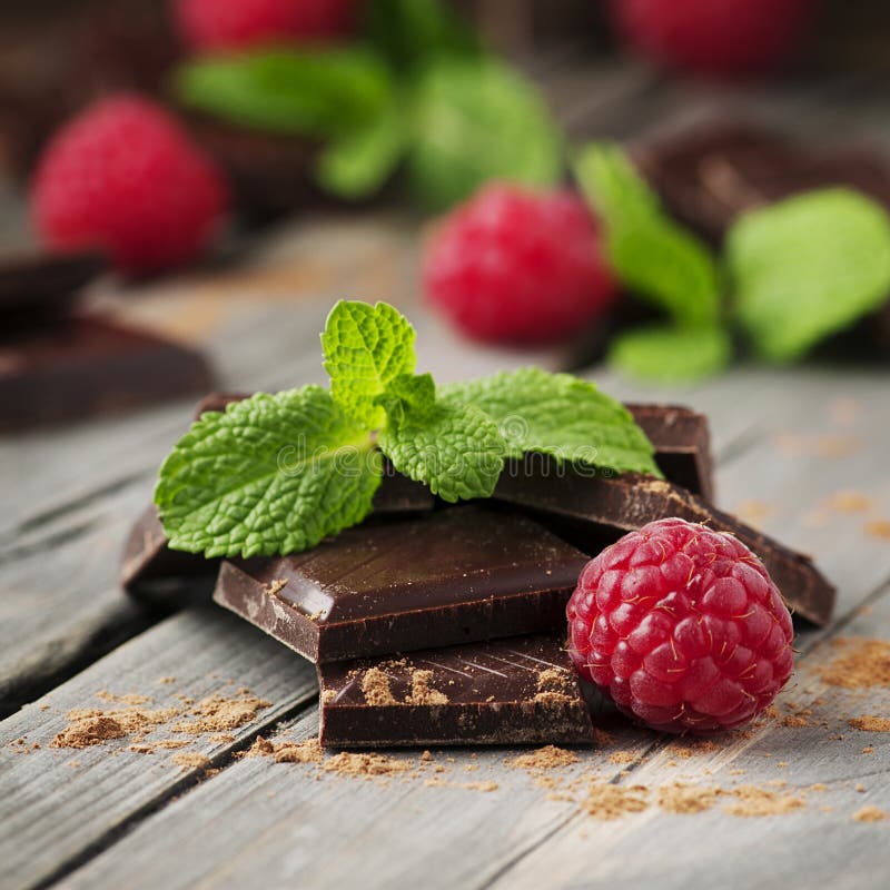 Dark Chocolate with Mint and Raspberry on the Vintage Table Stock Image - Image of rustic, food ...