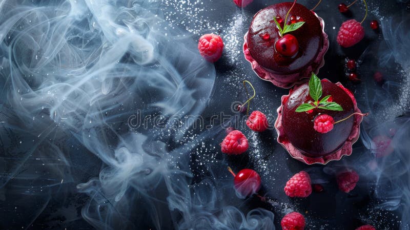 Dark Chocolate Mousse with Raspberries and Smoke Effect Stock Image ...