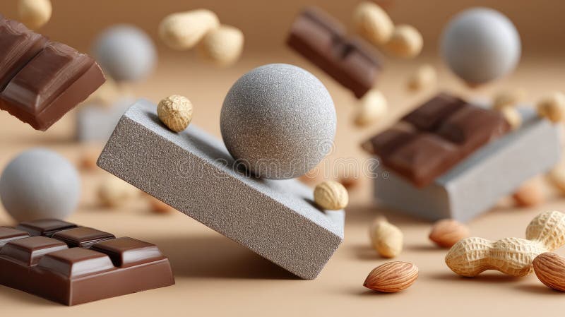 Dark Chocolate and Peanuts Hover in Air, Illuminated by Warm Studio ...