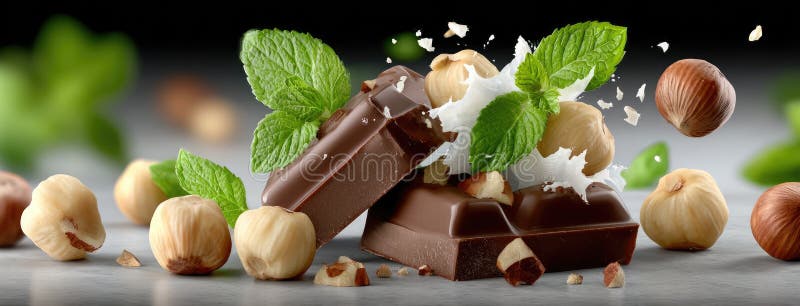 Dark Chocolate and Peanuts Hover in Air, Illuminated by Warm Studio ...