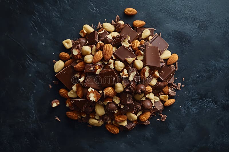 Dark Chocolate Pieces with Almonds and Macadamia Nuts Overhead Shot on ...