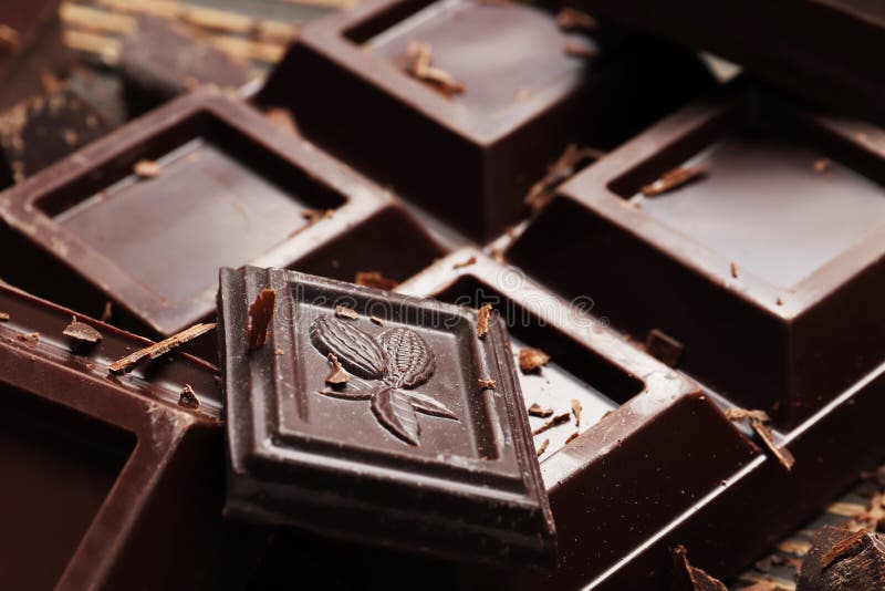 Dark Chocolate Pieces and Bar Close-up. Top View Stock Photo - Image of ...