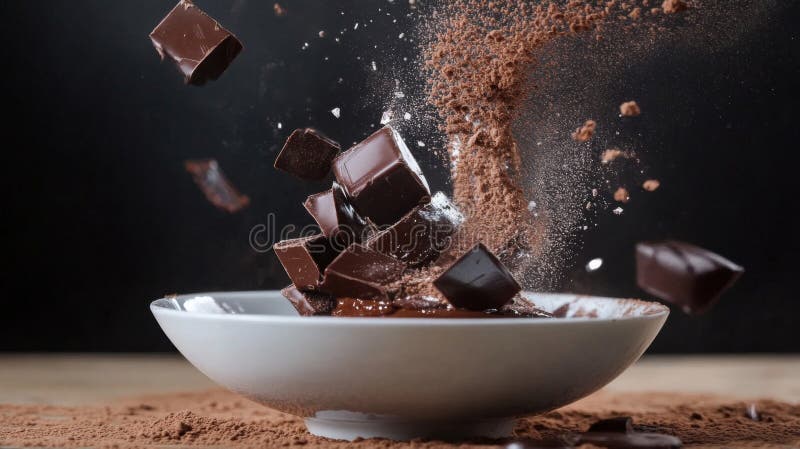 Dark Chocolate Pieces Falling into Bowl with Cocoa Powder Stock ...