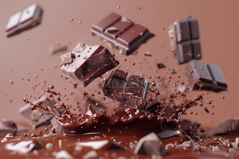 Dark Chocolate Pieces Falling on a Brown Surface Stock Photo - Image of ...