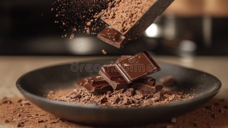 Dark Chocolate Pieces Falling Onto Plate with Cocoa Powder Stock ...