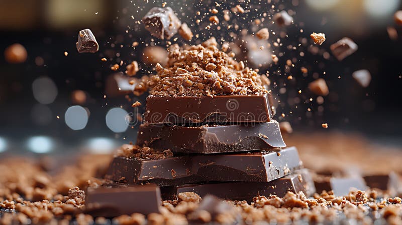 Dark Chocolate Pieces Stacked with Cocoa Powder and Crumbs Falling ...