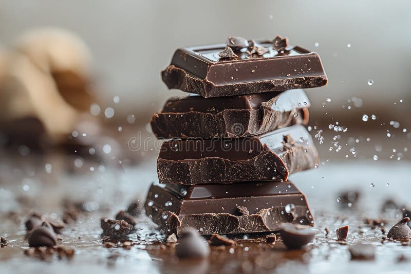 Dark Chocolate Pieces Stacked High and Sprinkled with Water Drops Stock ...