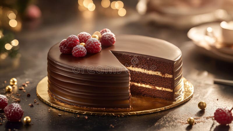Dark Chocolate Raspberry Cake on Golden Plate Stock Illustration ...