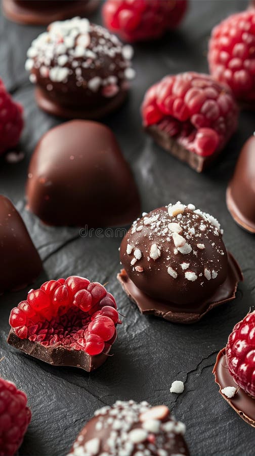Dark Chocolate Raspberry Truffles with Cream Filling on Black Surface ...