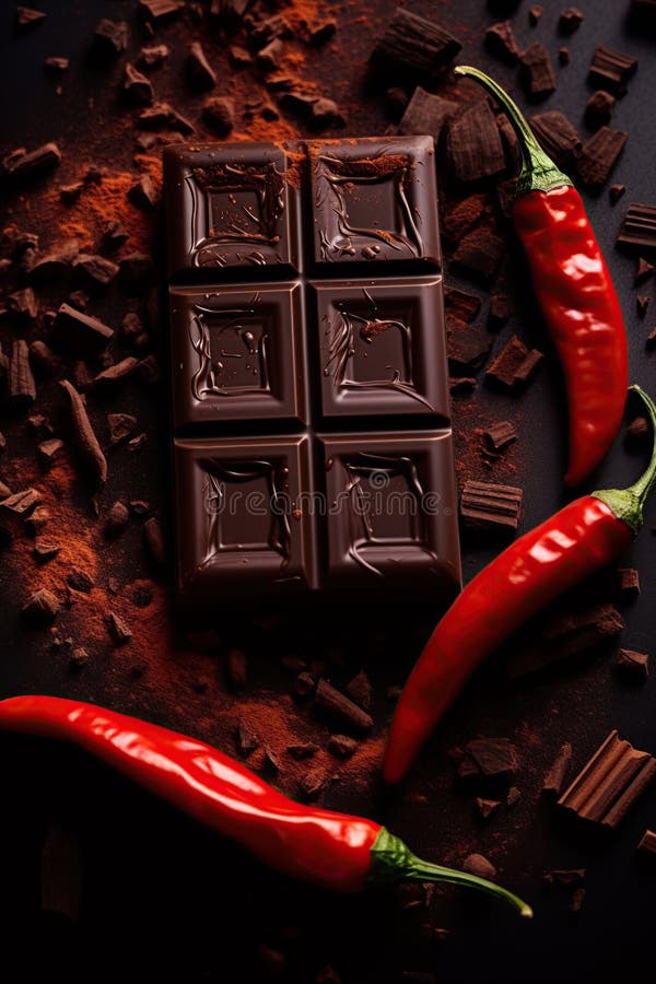 Dark Chocolate and Red Chilli Peppers. Flatlay Composition Stock ...