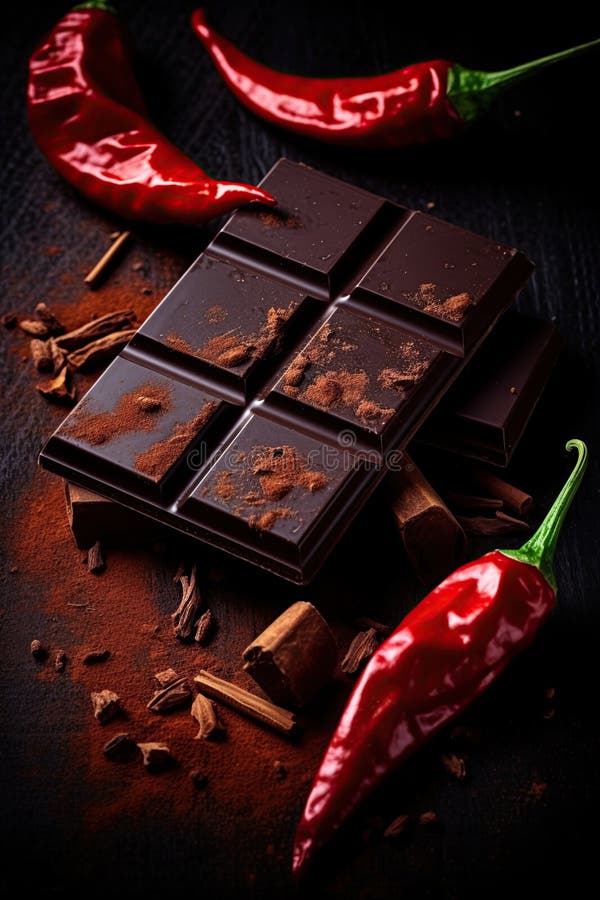 Dark Chocolate and Red Chilli Peppers. Flatlay Composition Stock ...