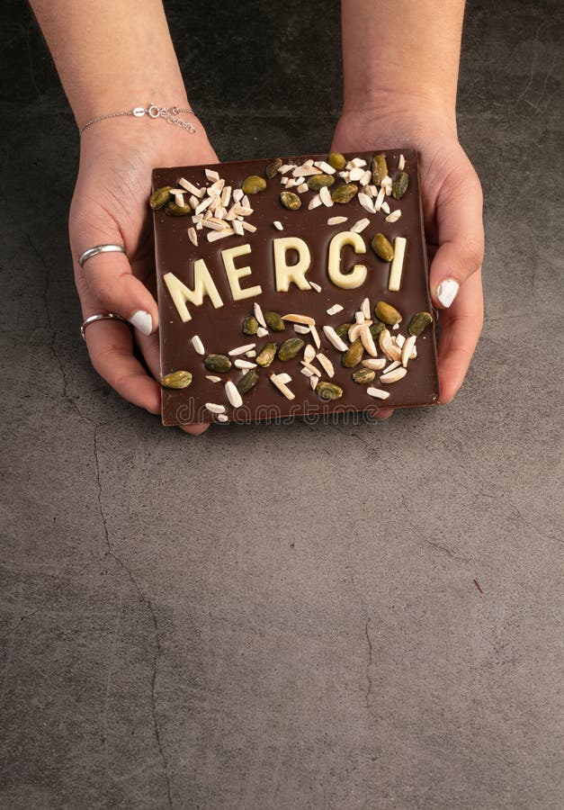 Dark Chocolate Square with White Chocolate Thank You Note Stock Photo ...