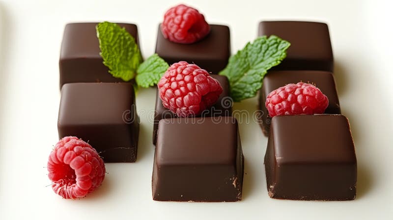 Dark Chocolate Squares with Raspberries and Mint Leaves. Stock Image - Image of berry, portion ...