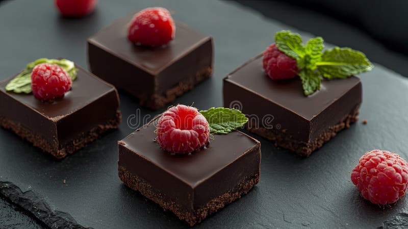 Dark Chocolate Squares with Raspberries and Mint Leaves. Stock Photo ...