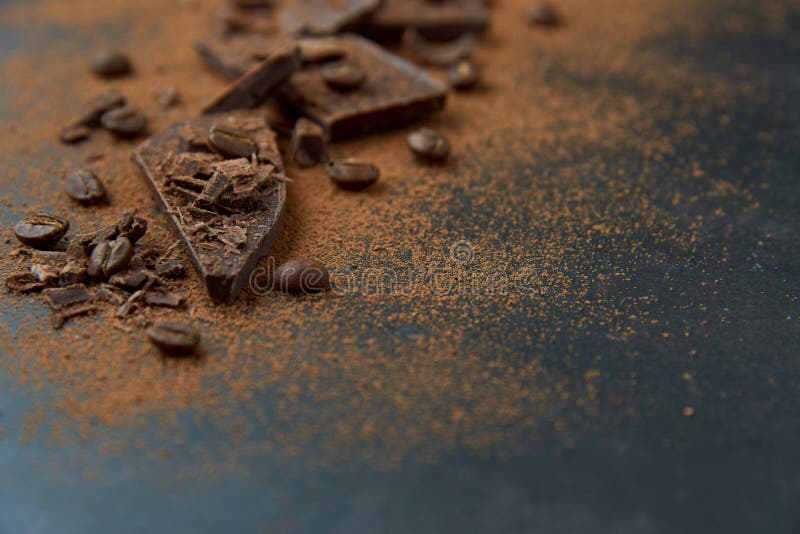Dark Chocolate Stack, Chips and Cocoa Powder with Coffee Bean on Dark ...