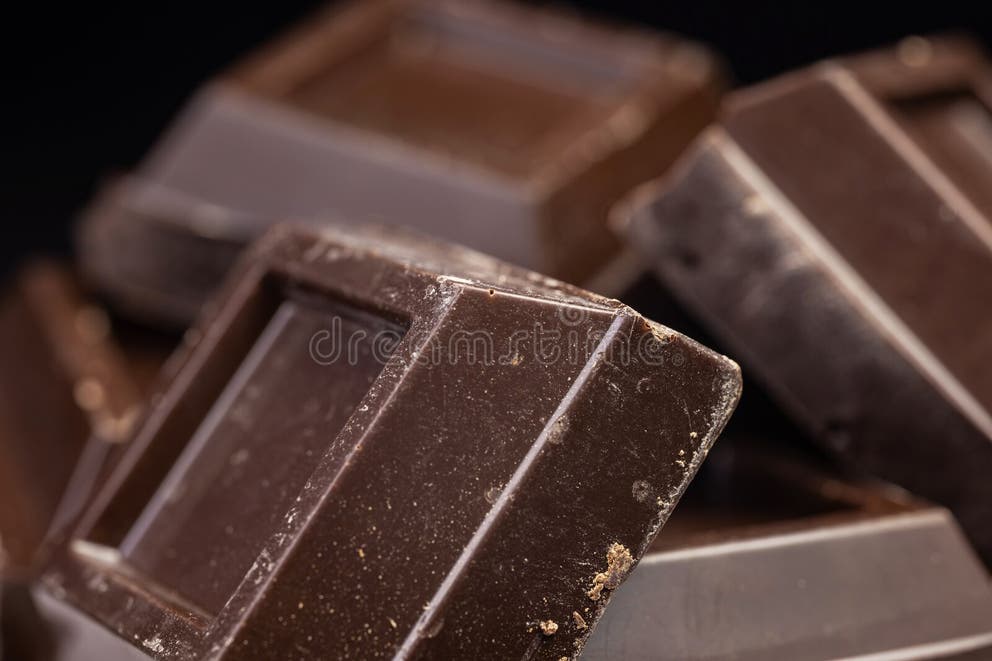 Dark Chocolate Stack, Chips and Powder Close Up Stock Photo - Image of ...