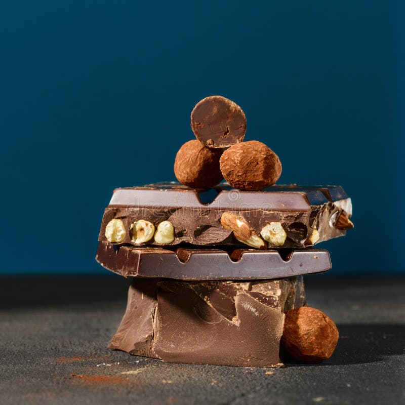 Dark Chocolate Stack and Truffle Chocolates on Blue Background Stock ...