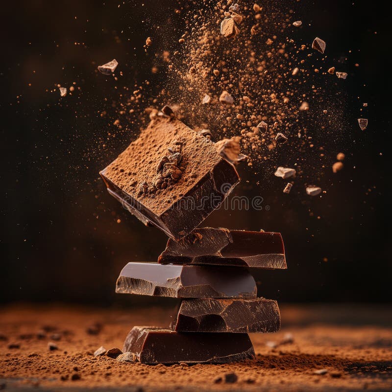 Dark Chocolate Suspended in Mid-air Breaks into Pieces Surrounded by an ...