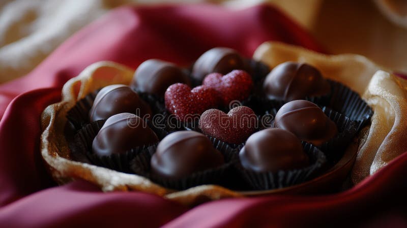 Dark Chocolate Truffles with Red Heart Candies in a Gift Box Stock ...