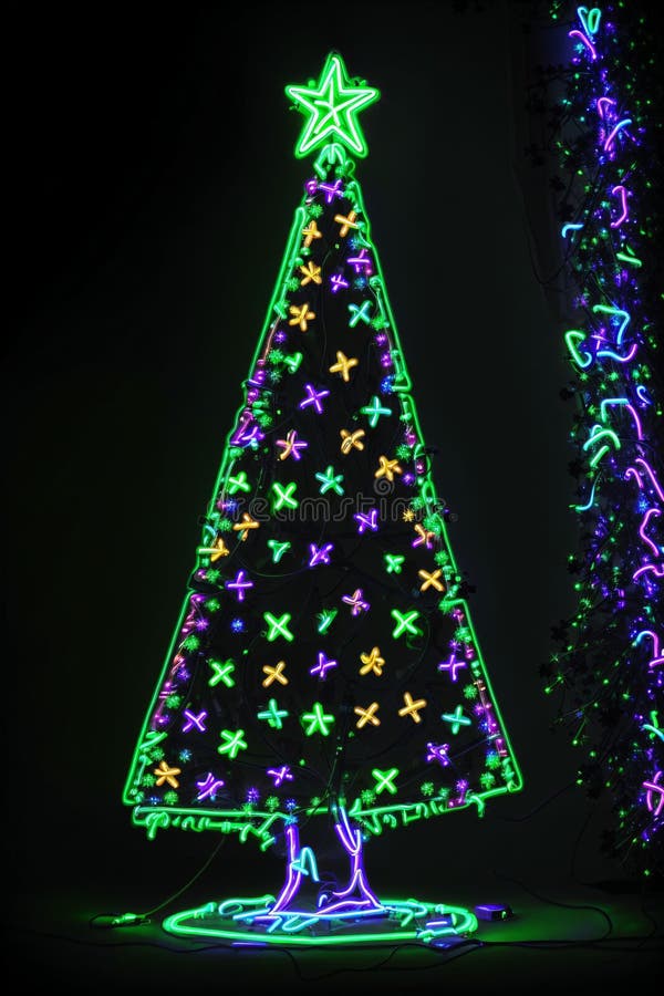 Dark Christmas Tree Illuminated with Neon Lights on Dark Background ...