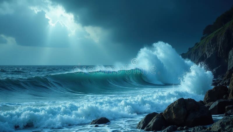 Dark, Churning Ocean Waves Crash Violently Under Stormy Skies ...