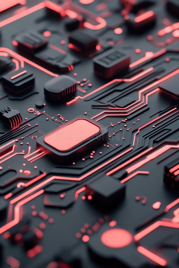 Dark Circuit Board with Glowing Red Pathways Representing Data Flow for High Speed Digital ...