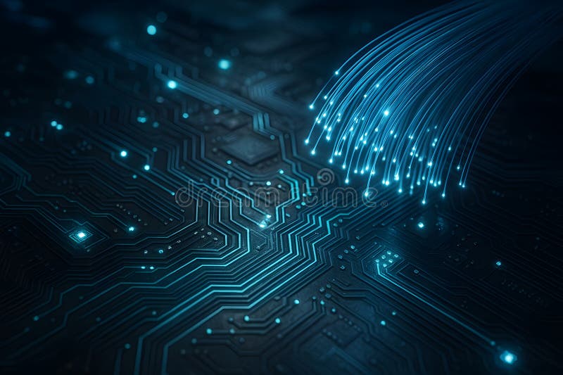 A Dark Circuit Board Illuminates with Glowing Blue Lines and a Bundle ...