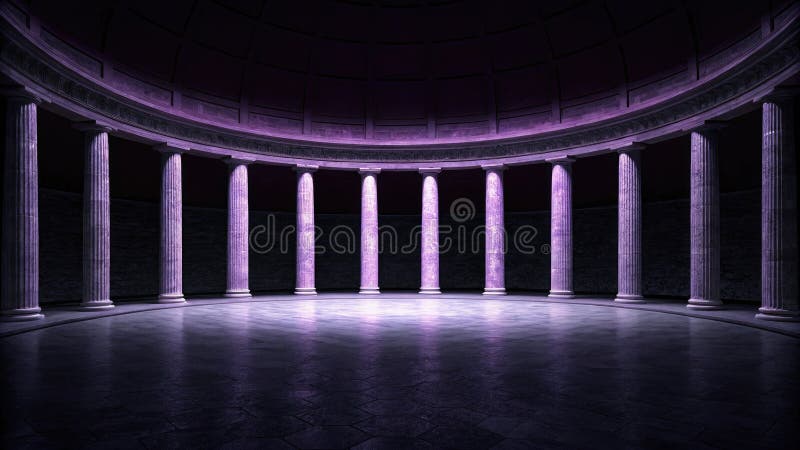 Dark Circular Hall with Curved Marble Columns and Purple Lighting ...