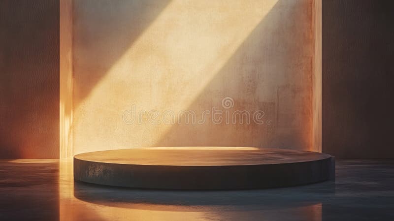 Dark Circular Platform Display with Textured Gold Wall and Sunlight ...