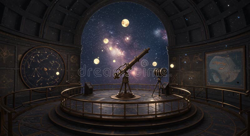 Brass Telescope on Podium in Dark Observatory with Celestial Background ...