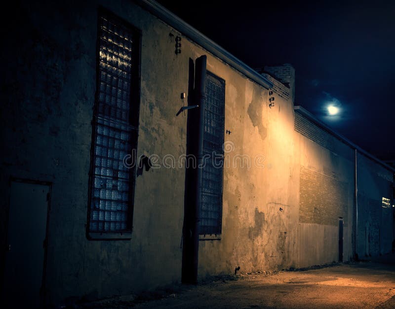 Dark City Alley at Night with Moon Stock Image - Image of building ...