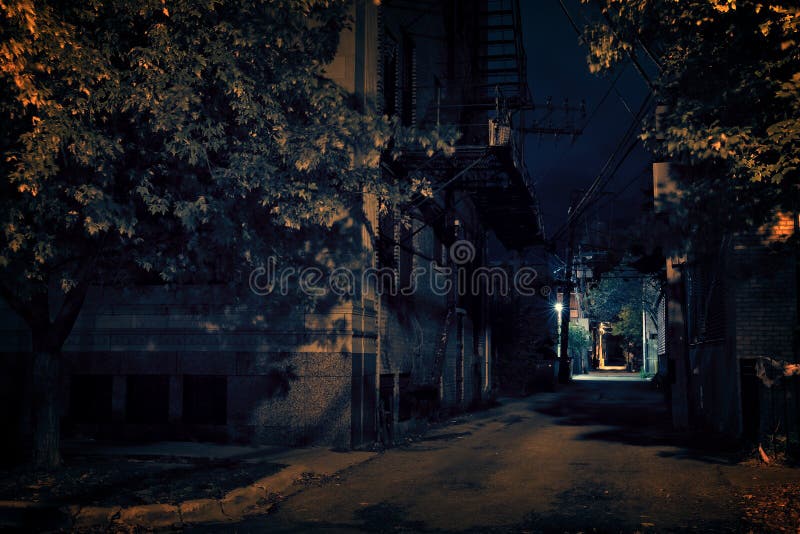 Dark City Alley at Night stock photo. Image of building - 95533528