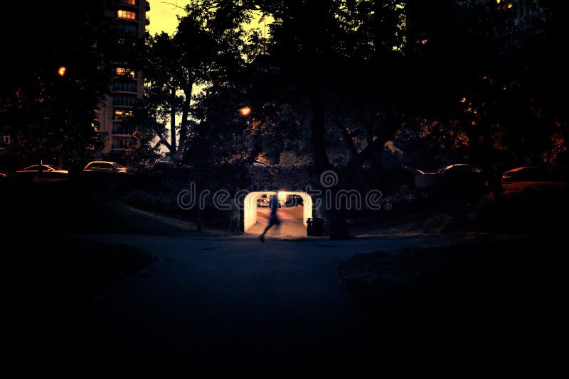 Dark City Bridge Underpass Sidewalk at Night Stock Photo - Image of ...