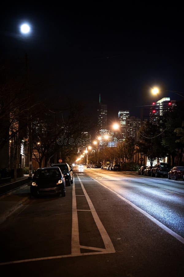 Dark City Street at Night with Moon Stock Image - Image of grunge ...