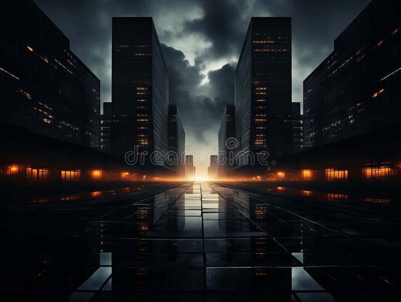 A Dark City Street at Night with the Sun Shining through the Clouds ...