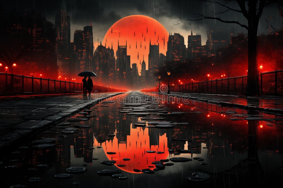 Dark City Sunset Pop Art Concept in Black Red Colours. Reflection in ...