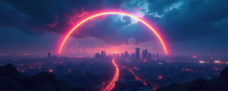 Dark Cityscape, Ethereal Rainbow Arch Overhead, Dreamy, Cityscape Stock ...