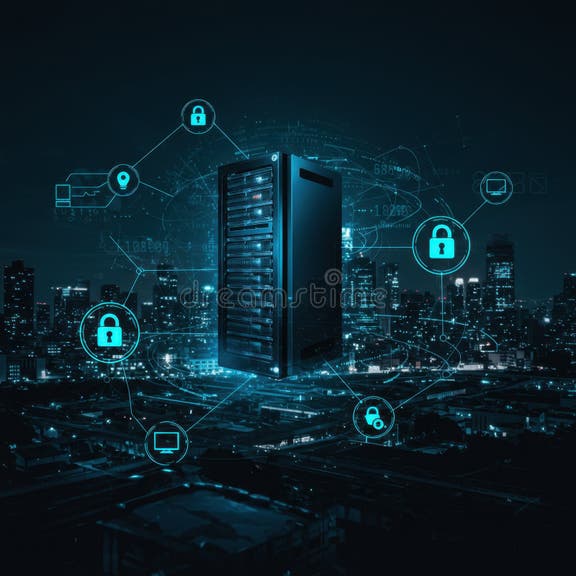 Dark Cityscape with Illuminated Server Rack and Cyber Security Network Stock Illustration ...