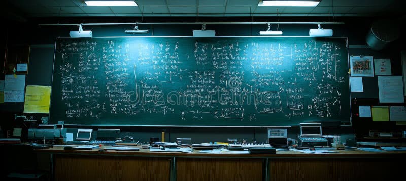 Dark Classroom Interior, Chalkboard Filled with Mathematical Equations ...
