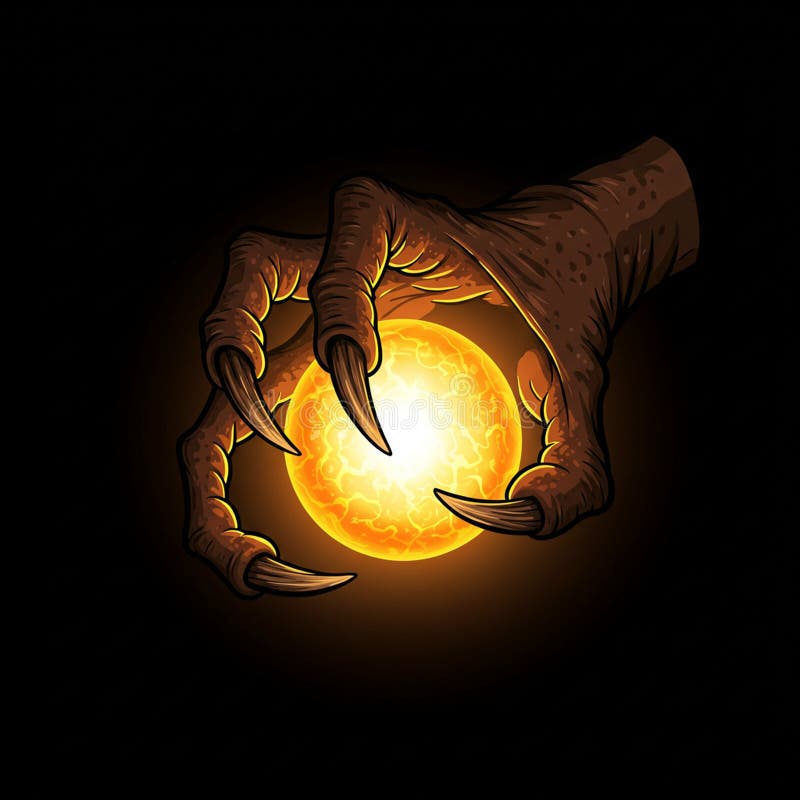 A Dark, Clawed Hand with Long, Sharp Nails Holds a Glowing, Fiery Orb ...