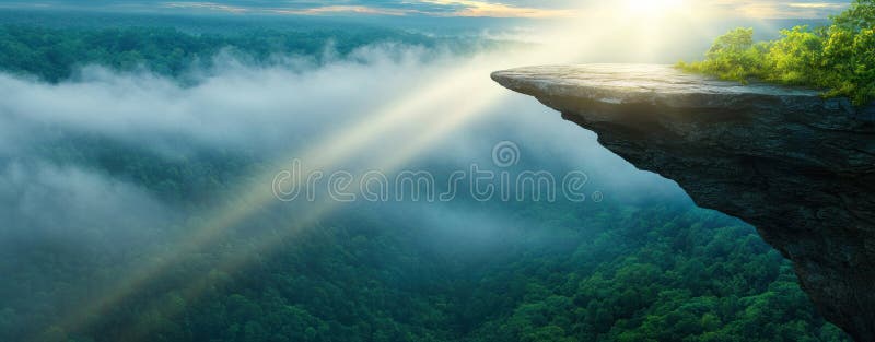 Dark Cliff Edge Overlooking Misty Valley with Sunlight Rays Stock Photo ...