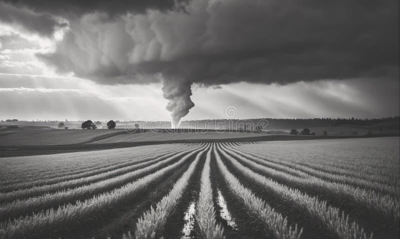 A Dark Cloud Hangs Over a Field of Crops, Casting Shadows on the Rows ...