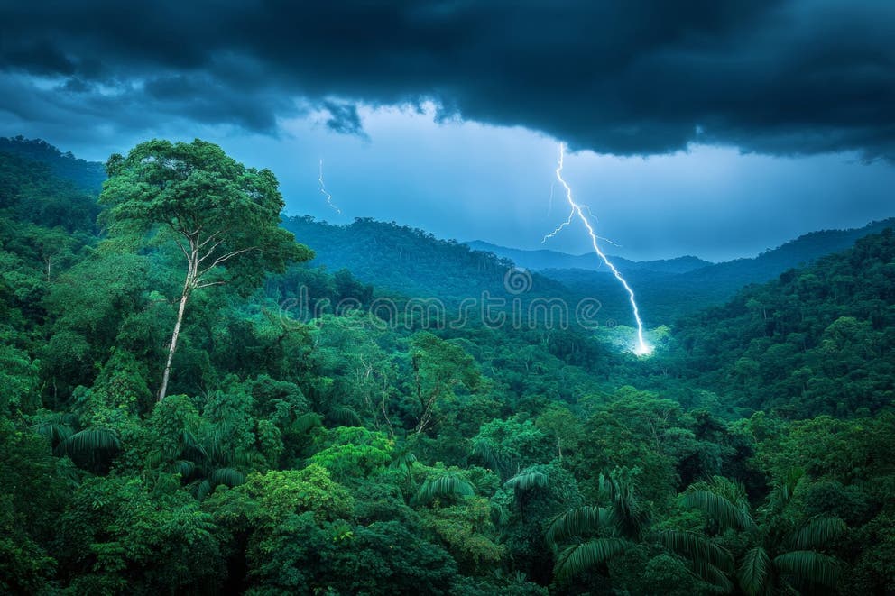 Dark Clouds Gather Above a Lush Rainforest while a Dramatic Lightning ...