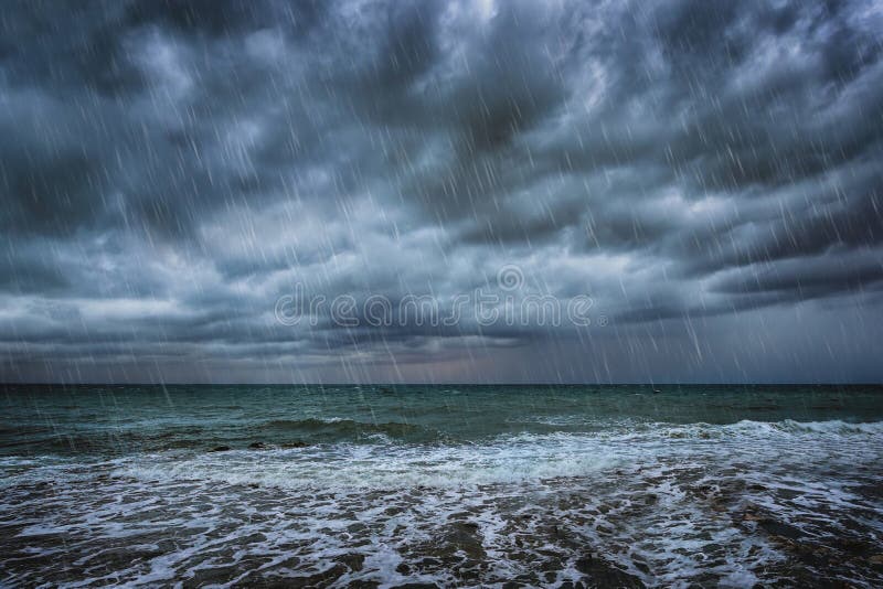 Dark Clouds, Heavy Rain and Waves on a Stormy Sea Stock Image - Image ...